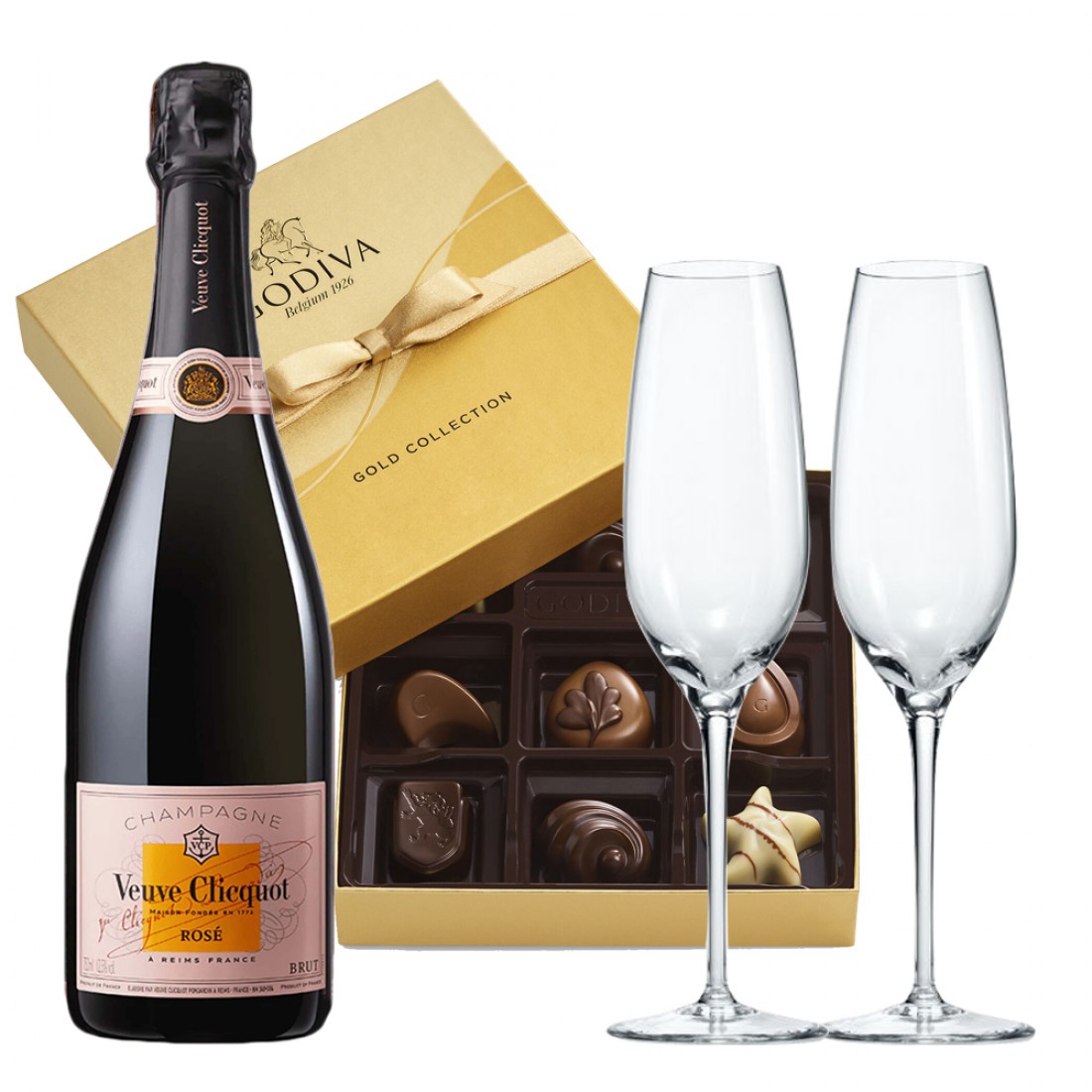 Veuve Clicquot Rose, Godiva Chocolate & Tiffany Flute Gift Set